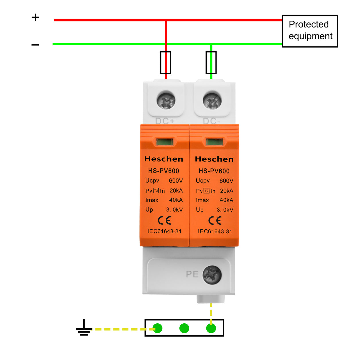 Heschen Surge Protective Device for PV, HS-PV600, 2P 600VDC 20KA, Fire