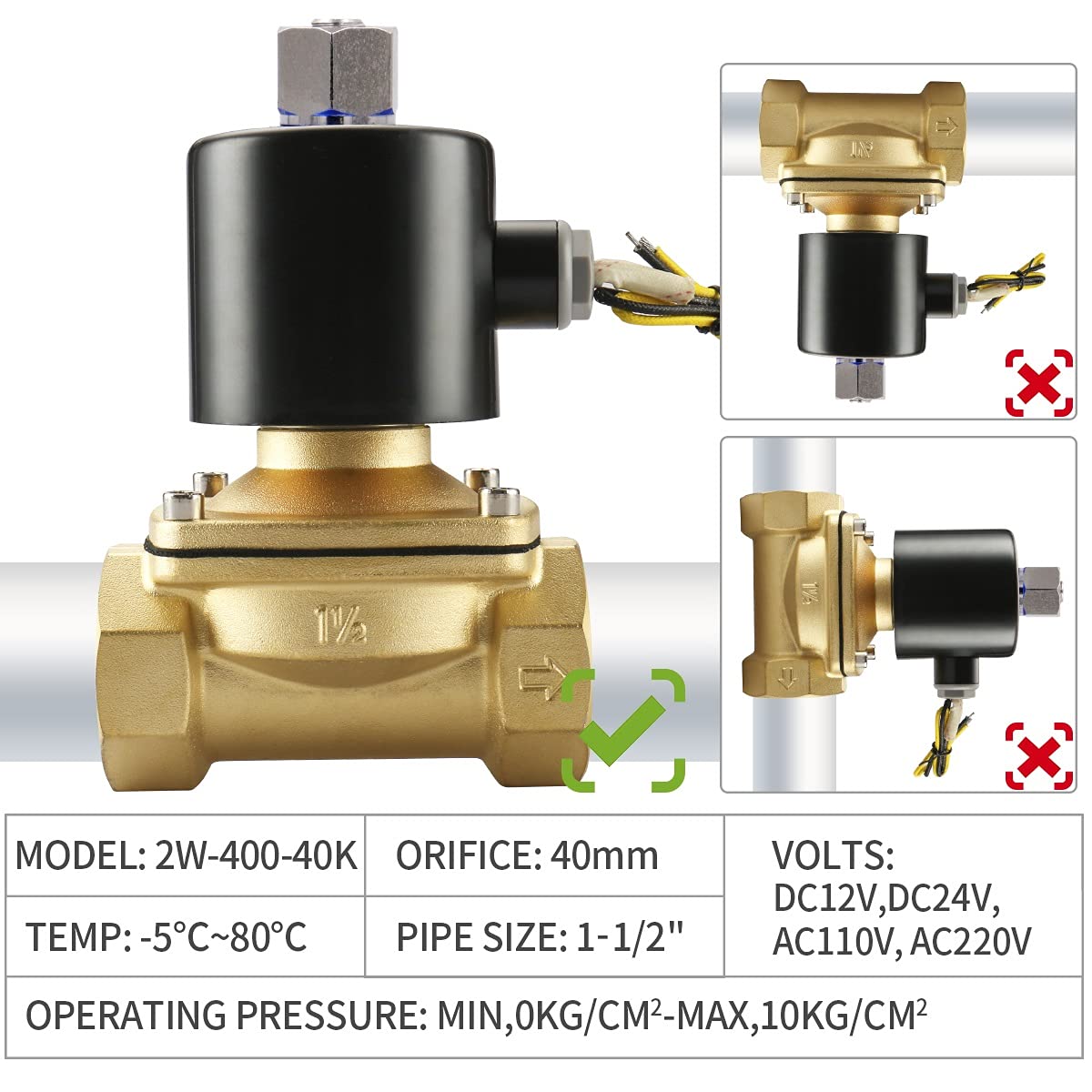 Heschen Pneumatic Brass Electric Solenoid Valve 2W-400-40K, 1-1/2 Inch