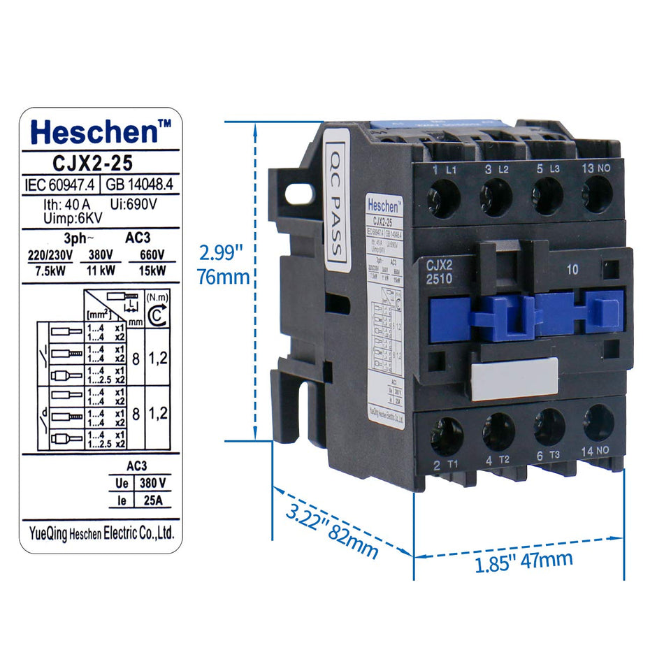Heschen AC Contactor CJX2-2510 220-240V 50/60Hz Coil 3P 3 Pole Normall